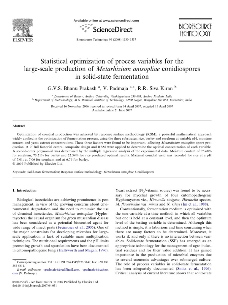 Bhanu Prakash, Padmaja, Siva Kiran - 2008 - Statistical Optimization of Process Variables For ...