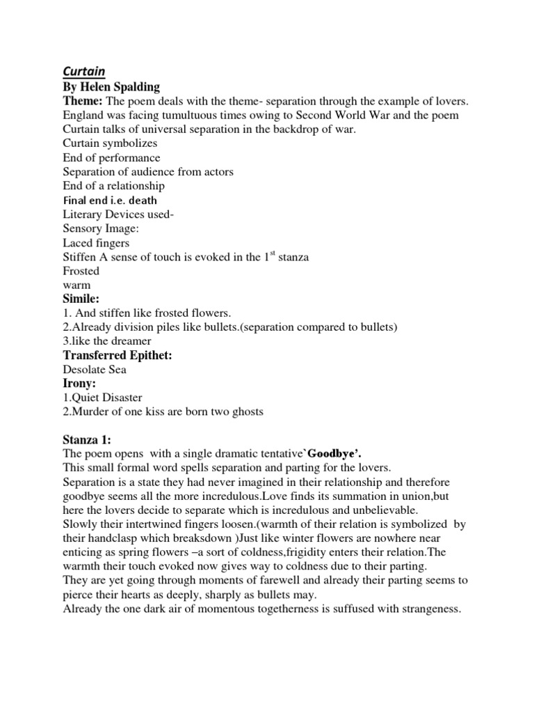 Curtain: by Helen Spalding Theme: The Poem Deals With The Theme ...