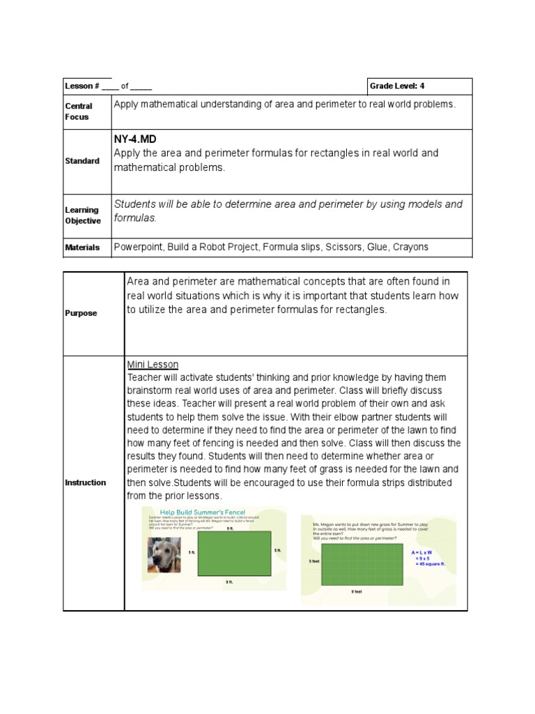 Area and Perimeter Lesson Plan | PDF | Area | Teachers