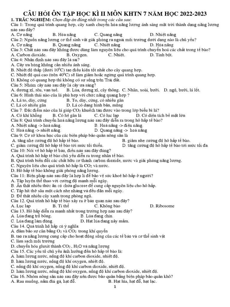 DE CUONG CUOI KI 2 - KHTN 7 - LTV | PDF