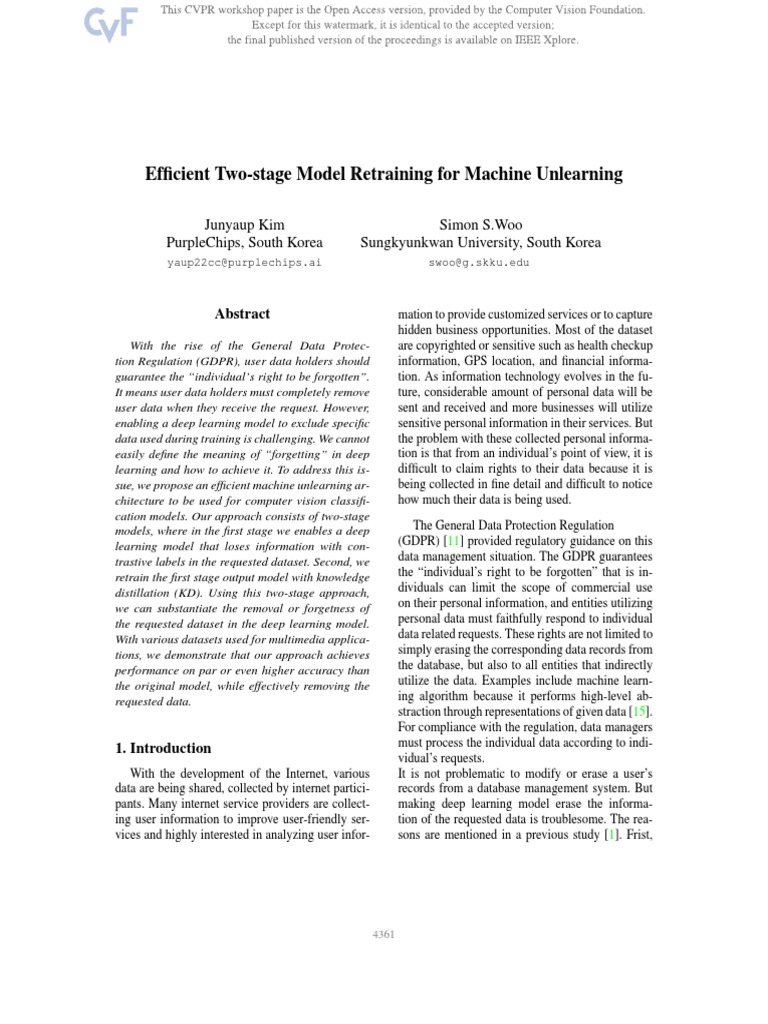 Kim Efficient Two-Stage Model Retraining For Machine Unlearning CVPRW 2022 Paper | PDF