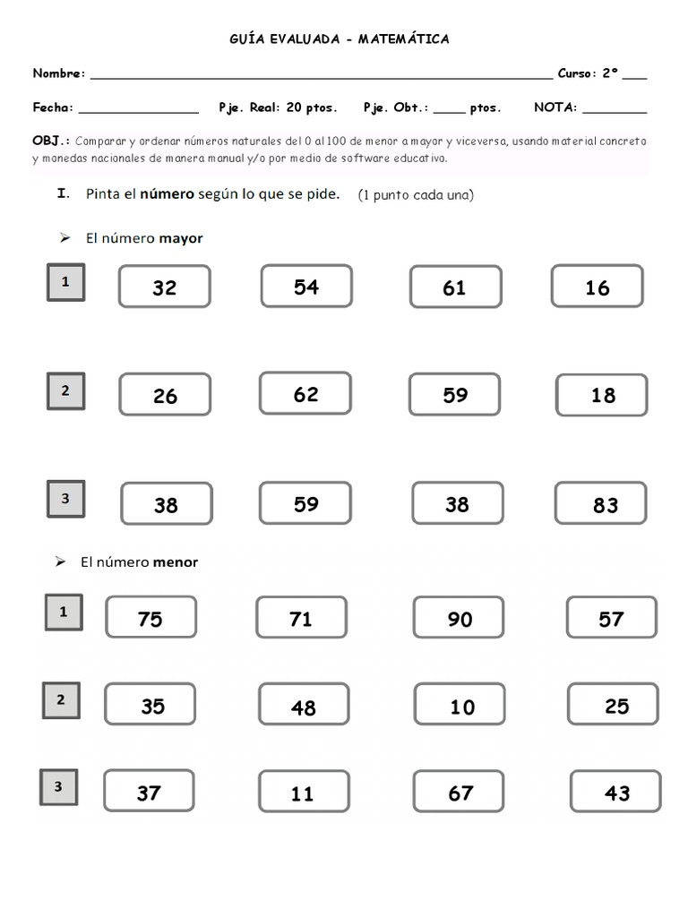 GUÍA EVALUADA - Comparar y Ordenar Números | PDF