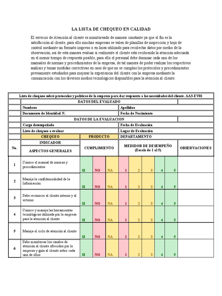 Evaluación de desempeño del personal de atención al cliente mediante lista de chequeo | PDF ...