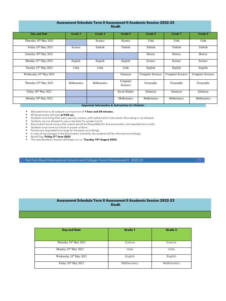 Date Sheet Term II Assessment II 2022-23 - Sindh | PDF | Science