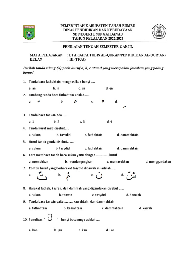 Soal Pts Bta Kelas 3 Sem 1 2022 | PDF