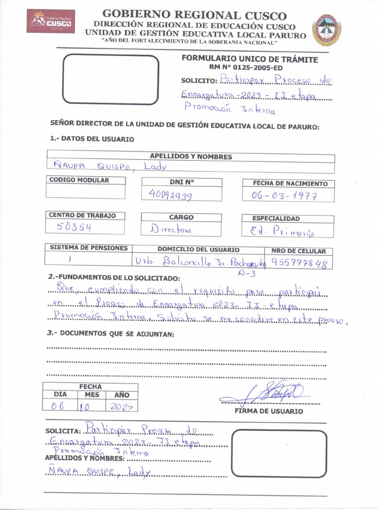 Solicitud - Proceso de Encargatura de Direccion 2023 Promocion Interna ...