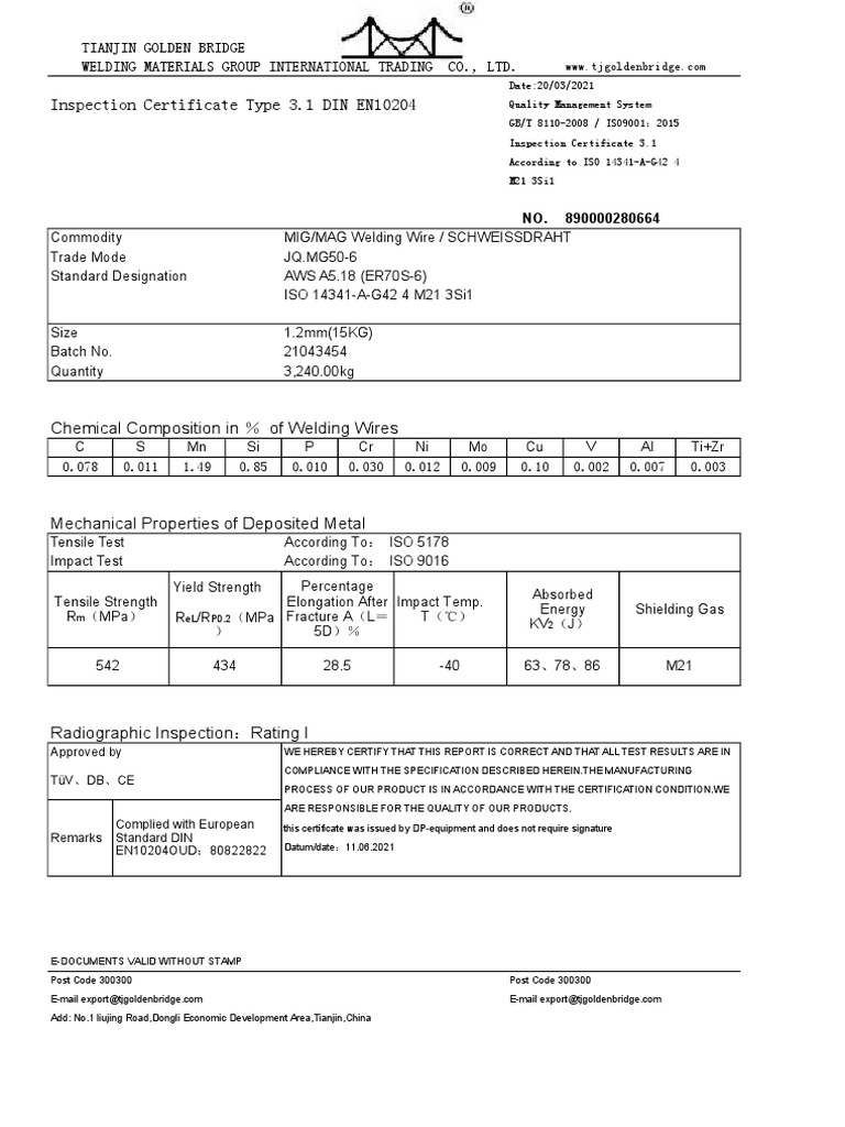 Inspection Certificate Type 3.1 DIN EN10204 | Download Free PDF | Welding | Construction