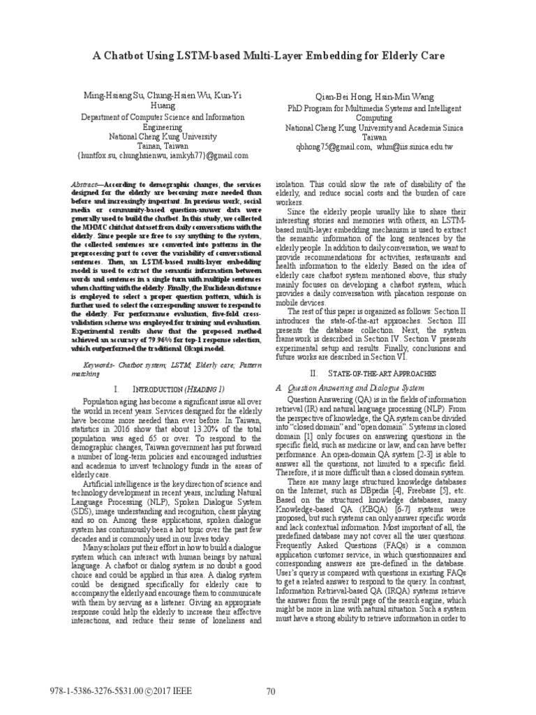 A Chatbot Using LSTM-based Multi-Layer Embedding For Elderly Care | PDF | Cognitive Science ...