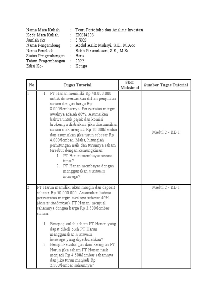 Teori Portofolio Dan Analisis Investasi Tugas 1 Vonny Pa 044298494 | PDF