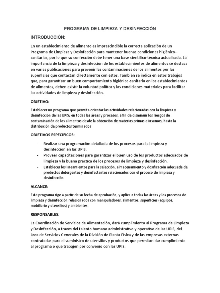 Programa de Limpieza y Desinfección | PDF | Alimentos | Microorganismo