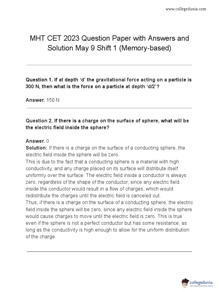 MHT CET 2023 Question Paper May 9 Shift 1 | PDF | Oscillation | Crystal ...