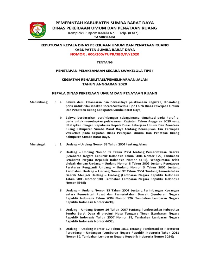 Keputusan Kadis Tentang Penetapan Tipe Swakelola | PDF
