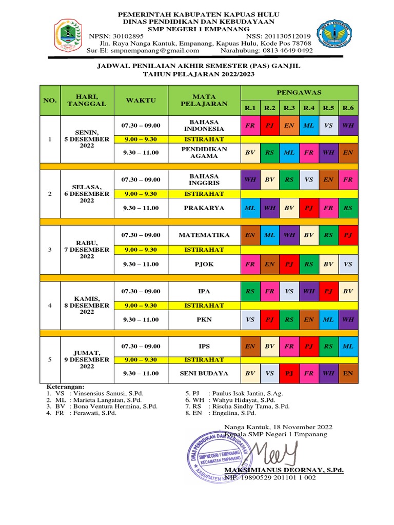 Jadwal Ulangan Semester Satu Tapel 2022-2023 | PDF