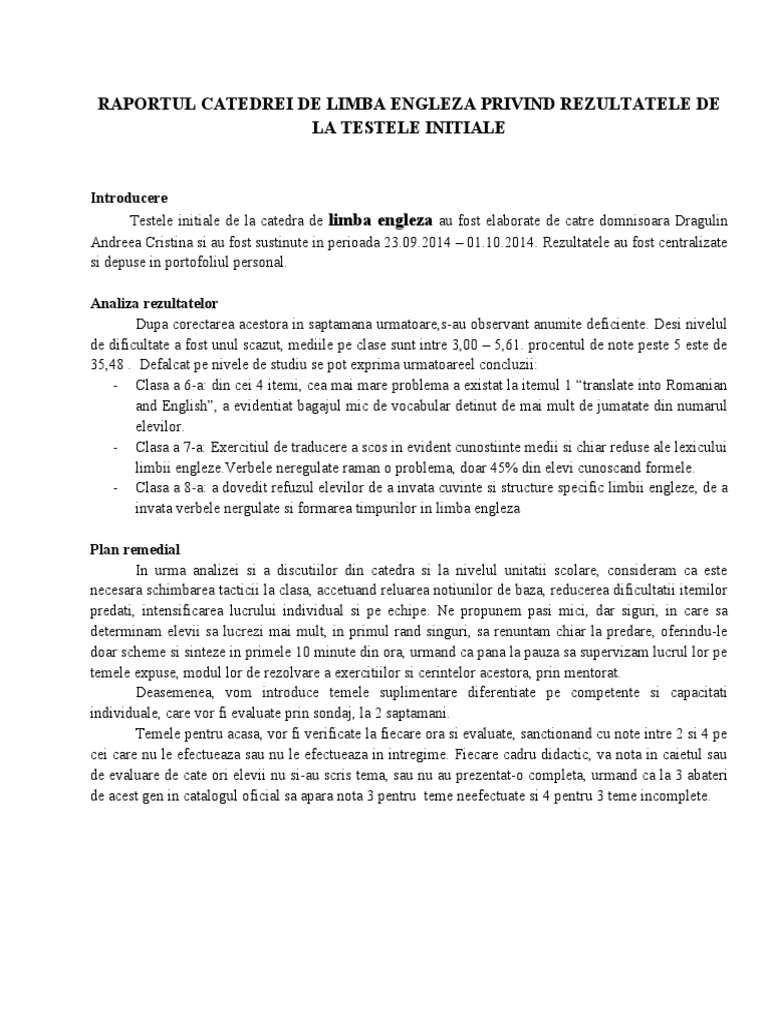Raport Teste Initiale | PDF