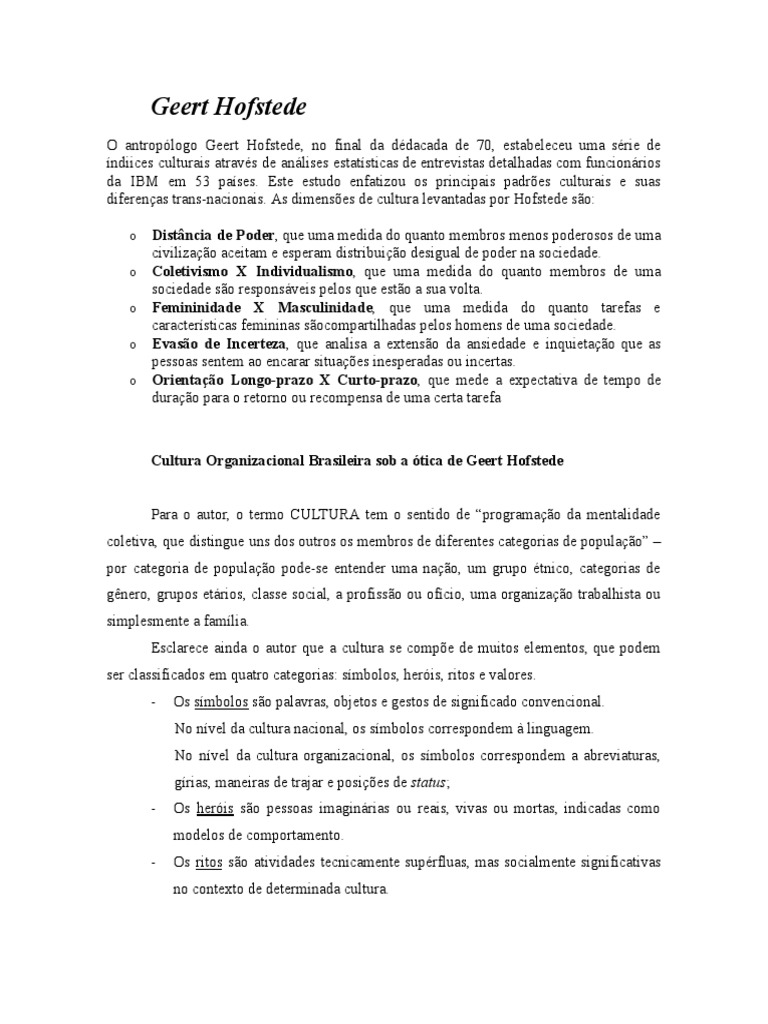 As Dimensões Culturais Brasileiras segundo o modelo de Geert Hofstede | PDF