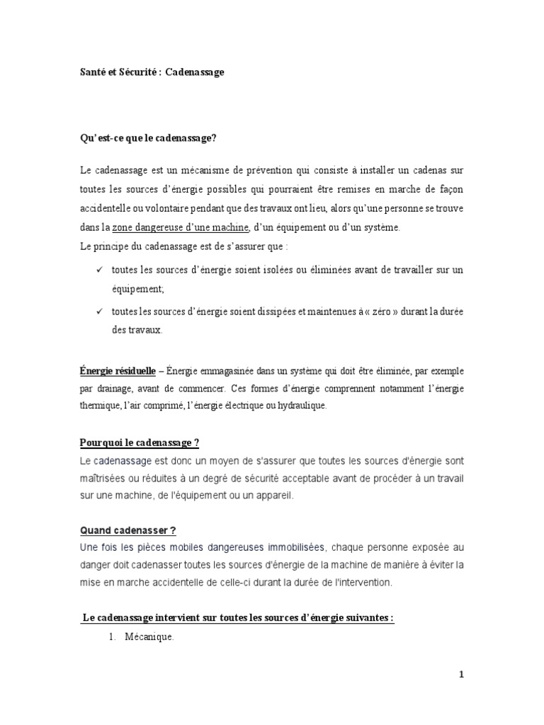 Santé Et Sécurité Cadenassage | PDF | Risque | Sécurité