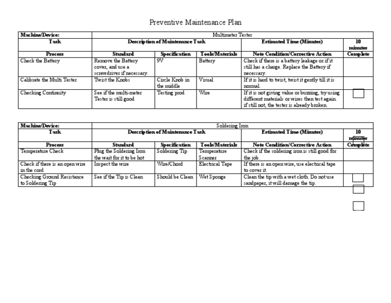 Preventive Maintenance Plan Pdf Soldering Physical Sciences