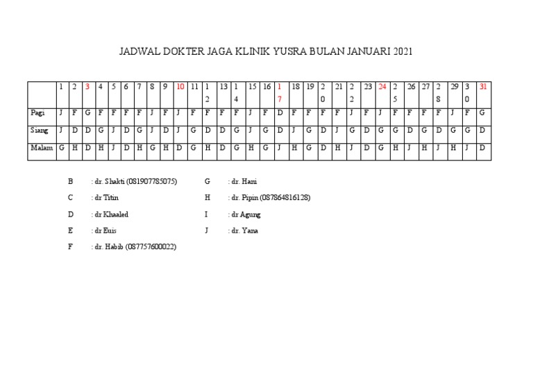 JADWAL DOKTER JAGA KLINIK YUSRA BULAN DES 2018 | PDF