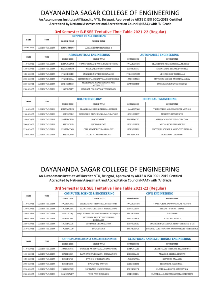 3rd Semester B.E SEE Tentative Time Table 2021-22 (Regular) | PDF ...
