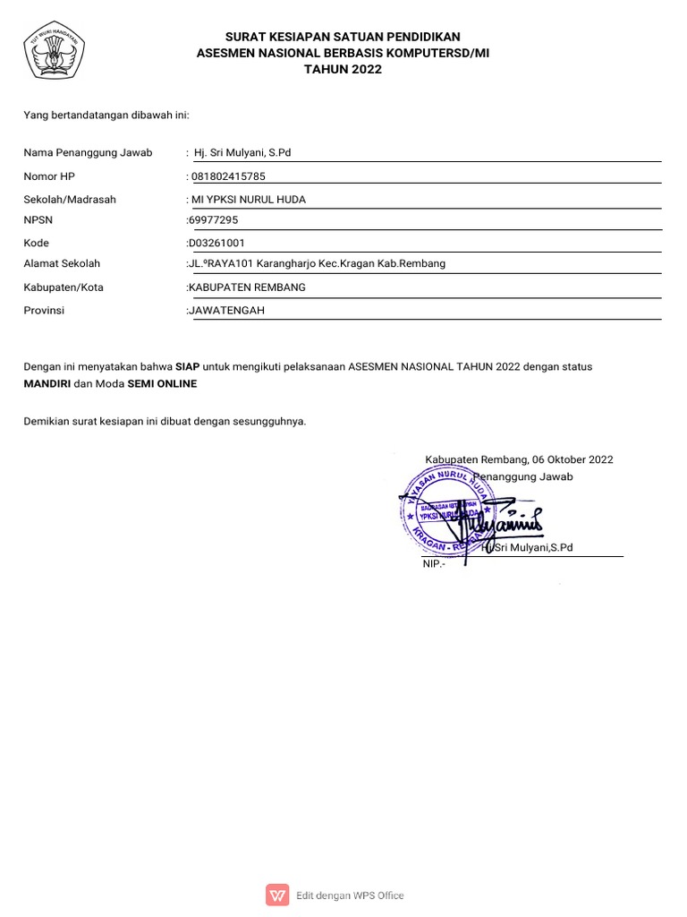 Surat Kesiapan ANBK | PDF