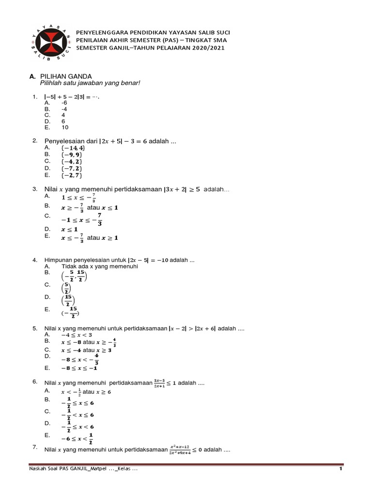 Soal Pas Mat Wajib X - Utama | PDF