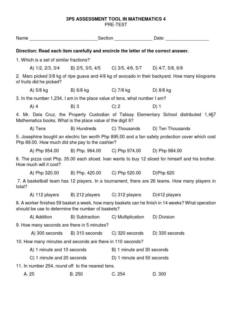 3Ps PRE TEST GRADE 4 MATH | PDF | Home & Garden