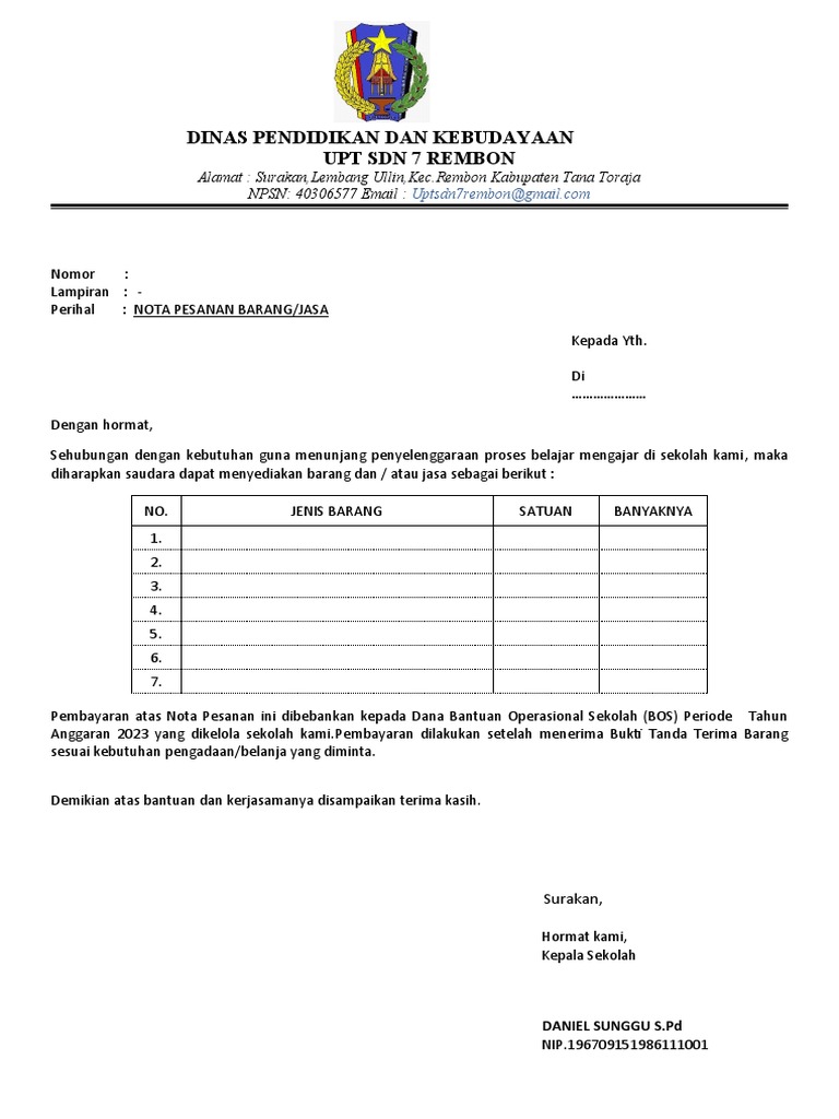 Dokumen - Tips Contoh Nota Pesanan Kegiatan Bos Sma | PDF