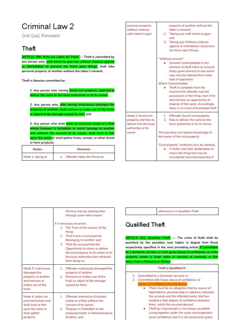Criminal Law 2 2nd Quiz Reviewer | PDF | Theft | Arson
