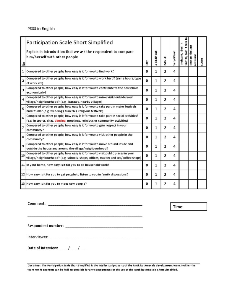 Participation Scale Short Simplified English | PDF