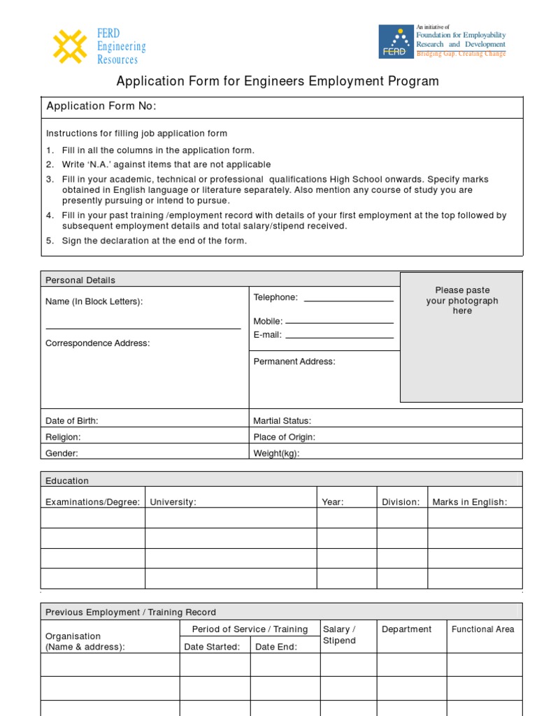 Ferd Engineering Resources: Application Form For Engineers Employment ...