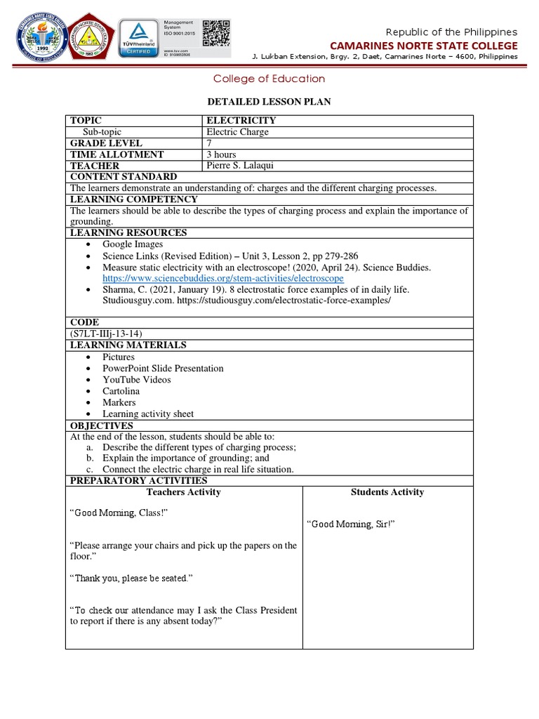 Grade 7 Detailed Lesson Plan: Electric Charge | PDF | Electric Charge ...