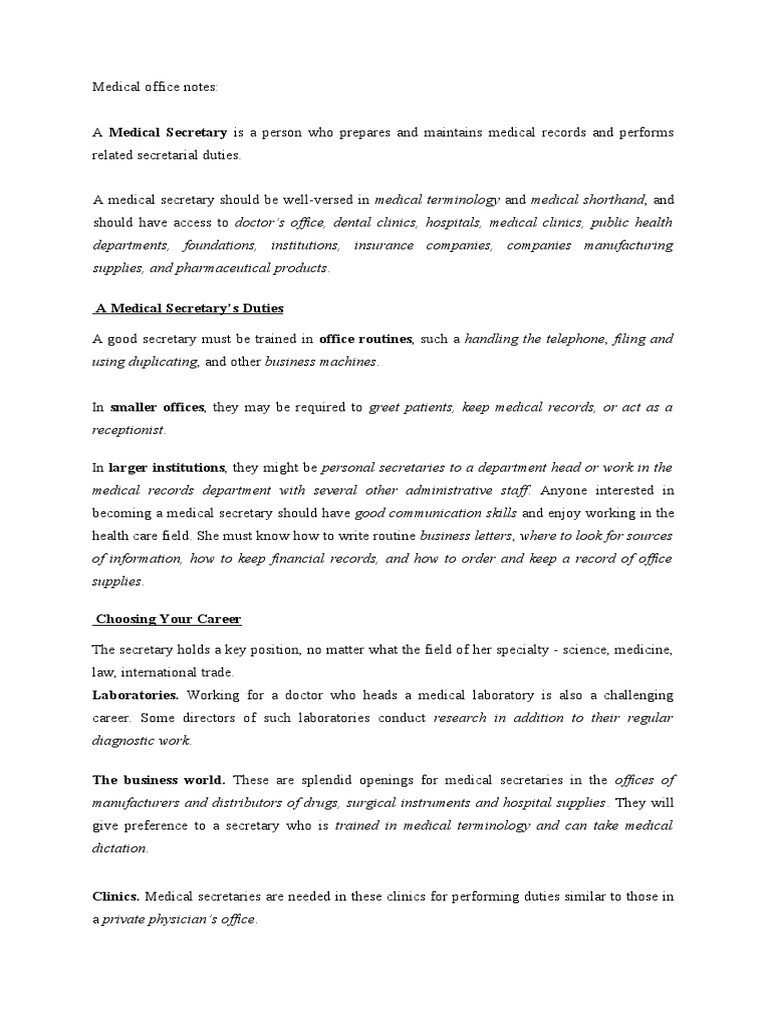 Medical Secretary Duties and Roles | PDF | Medical Record | Medicine