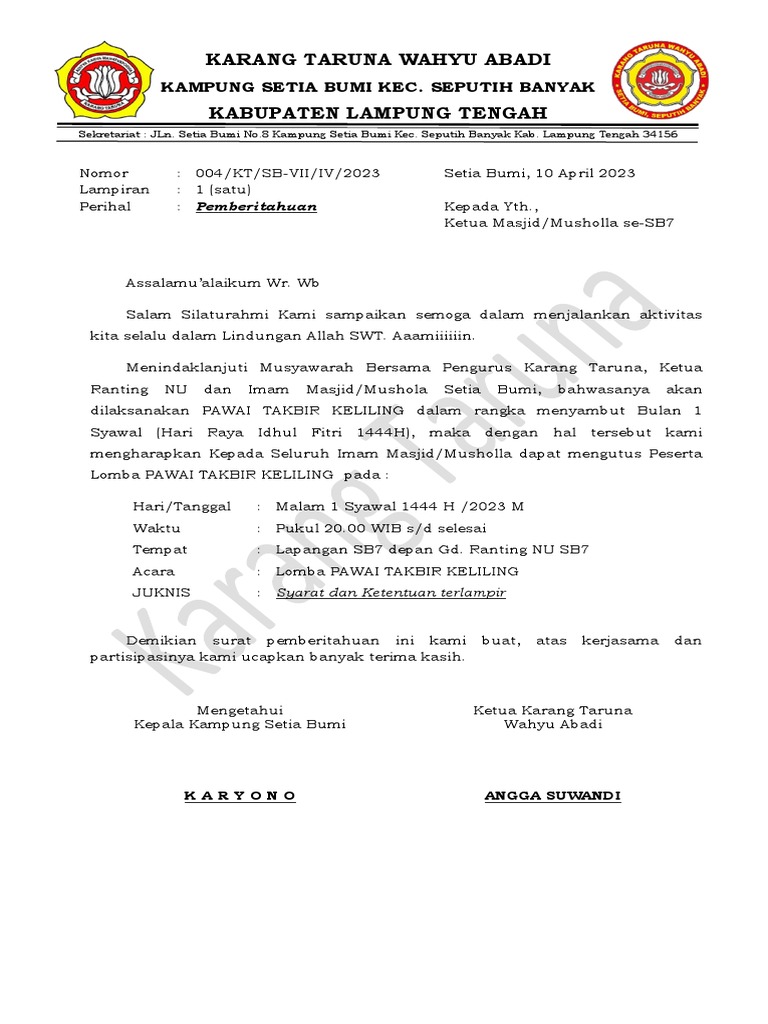 PEMBERITAHUAN Dan KETENTUAN PAWAI TAKBIR KELILING 2023 | PDF