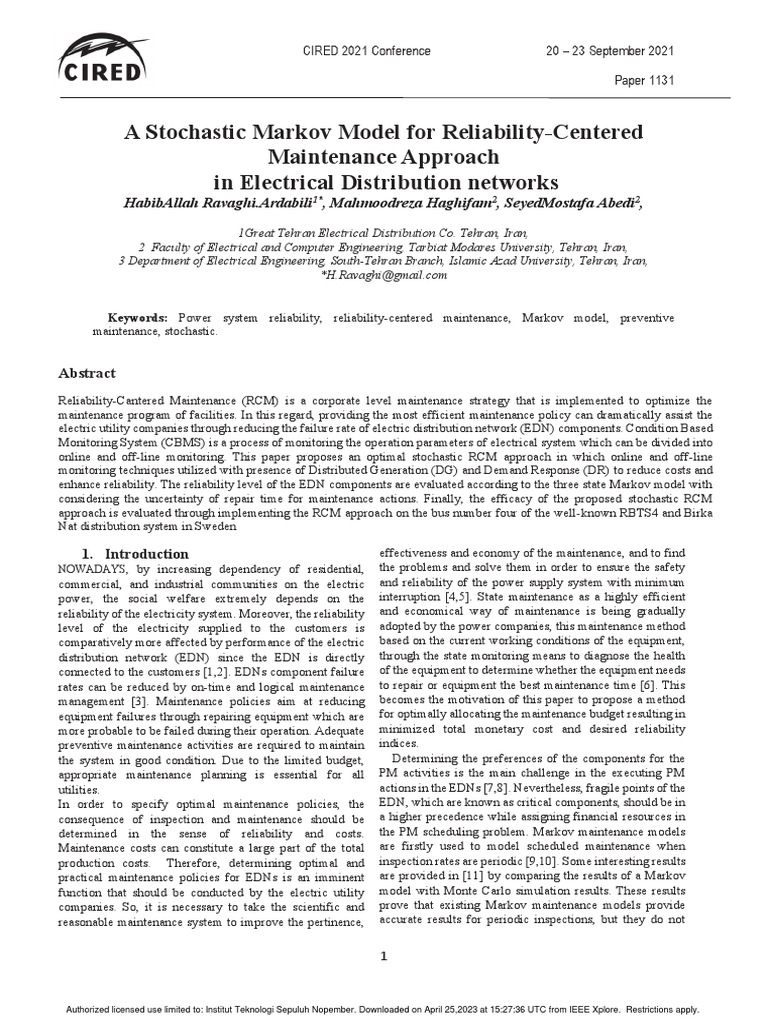 A Stochastic Markov Model For Reliability-Centered Maintenance Approach in Electrical ...