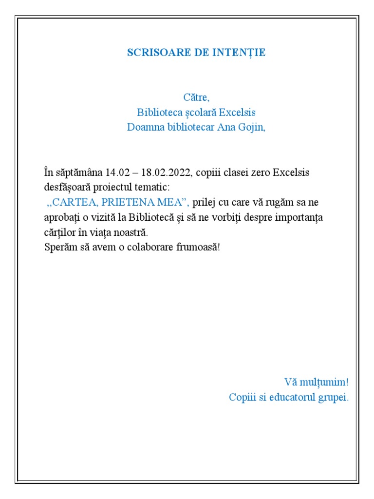 Scrisoare de Intenție Bibliotecar | PDF