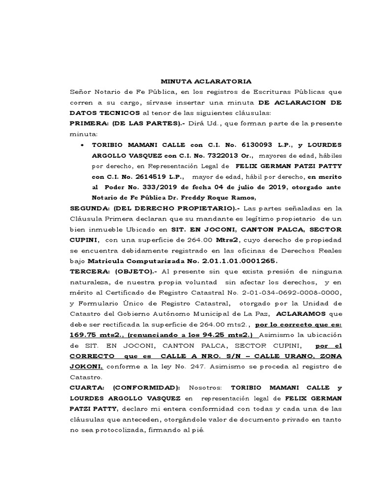 Minuta Aclaratoria Toribiooh | PDF | Ley común | Derecho Civil (Common Law)