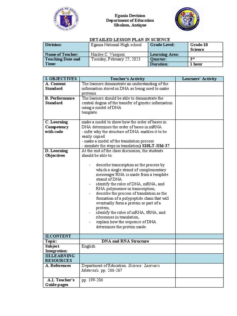 Grade 10 Protein Synthesis Lesson Plan | PDF | Translation (Biology ...