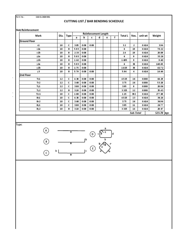 Rebar Cutting List Slab | PDF