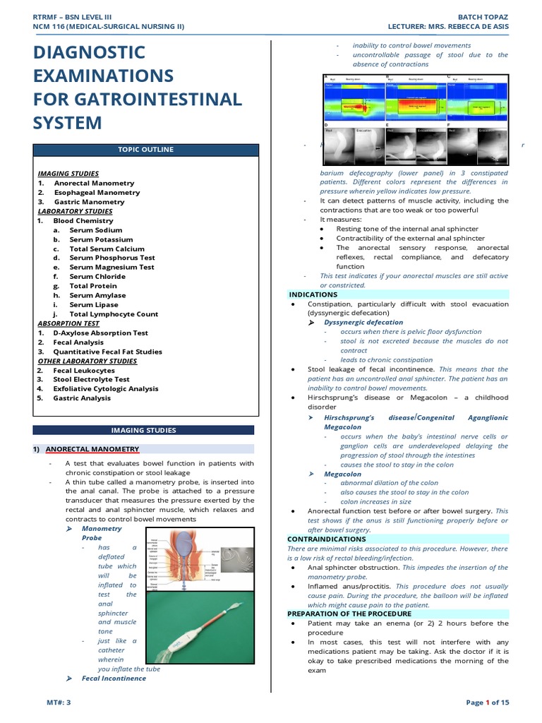 Med Surg 2 - 3 Diagnostic Examinations For Gastrointestinal System | PDF