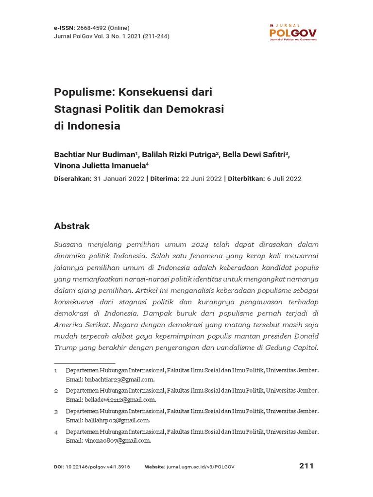 Populisme Konsekuensi Dari Stagnasi Politik Dan de | PDF