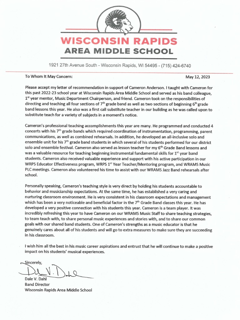 Dale Dahl Letter of Recommendation | PDF