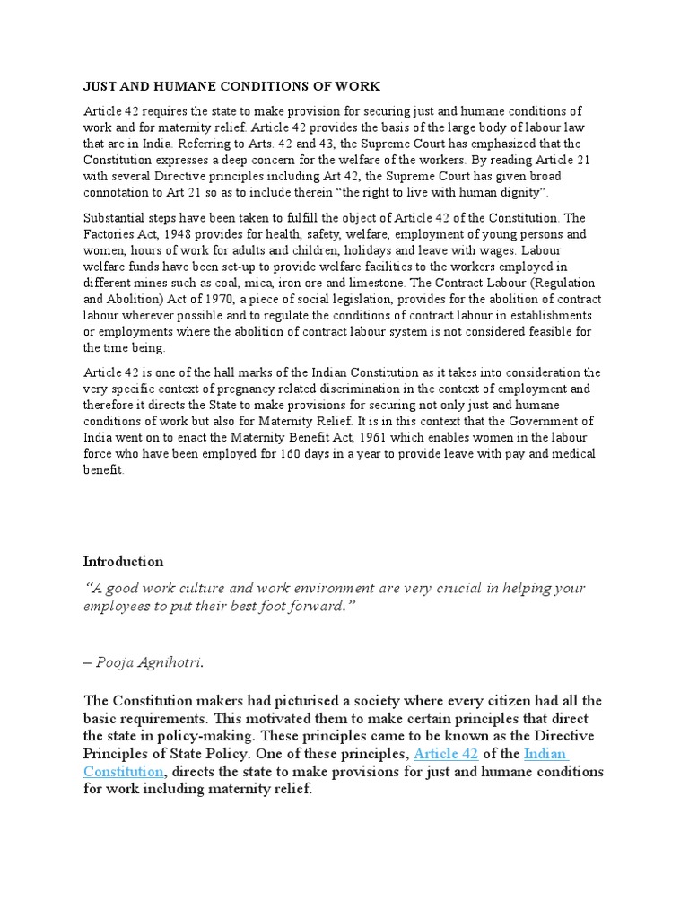 Article 42: Just Work Conditions in India | PDF | Labour Law | Employment