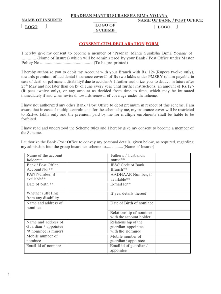 Pradhan Mantri Suraksha Bima Yojana Form | PDF | Identity Document ...