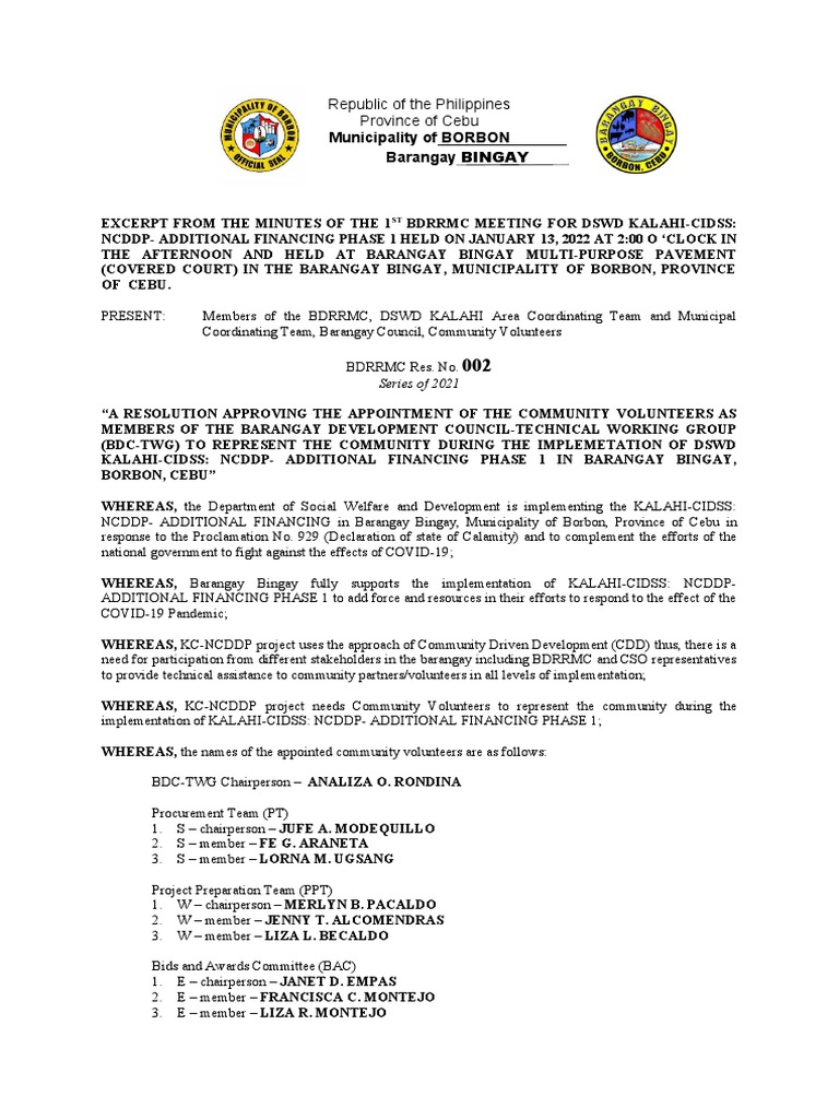 2022 - 002 BDRRMC Reso On Apointment of BDC-TWG CVs | PDF