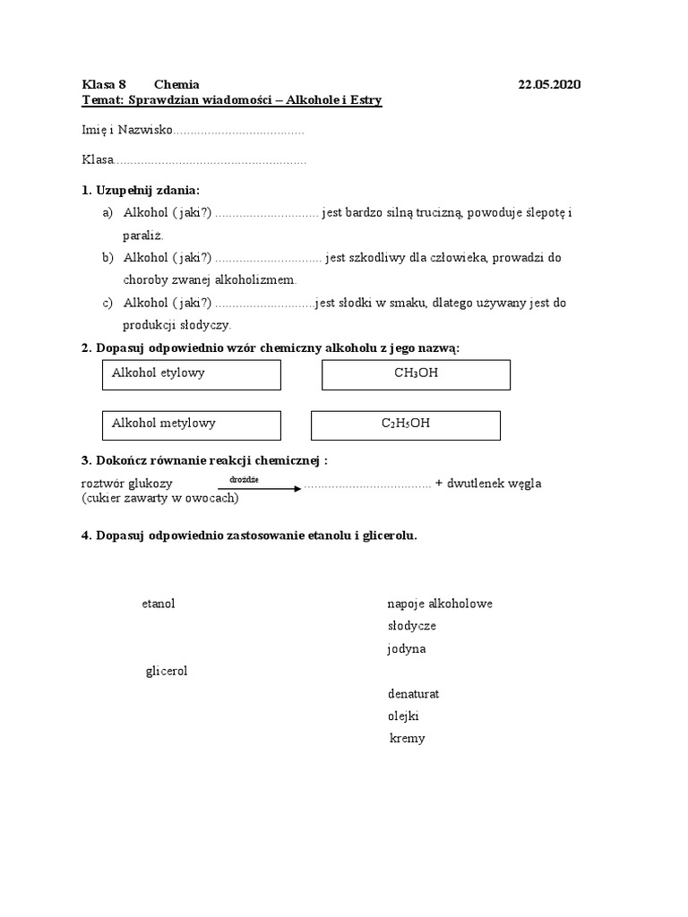 Sprawdzian Alkohole I Estry II | PDF
