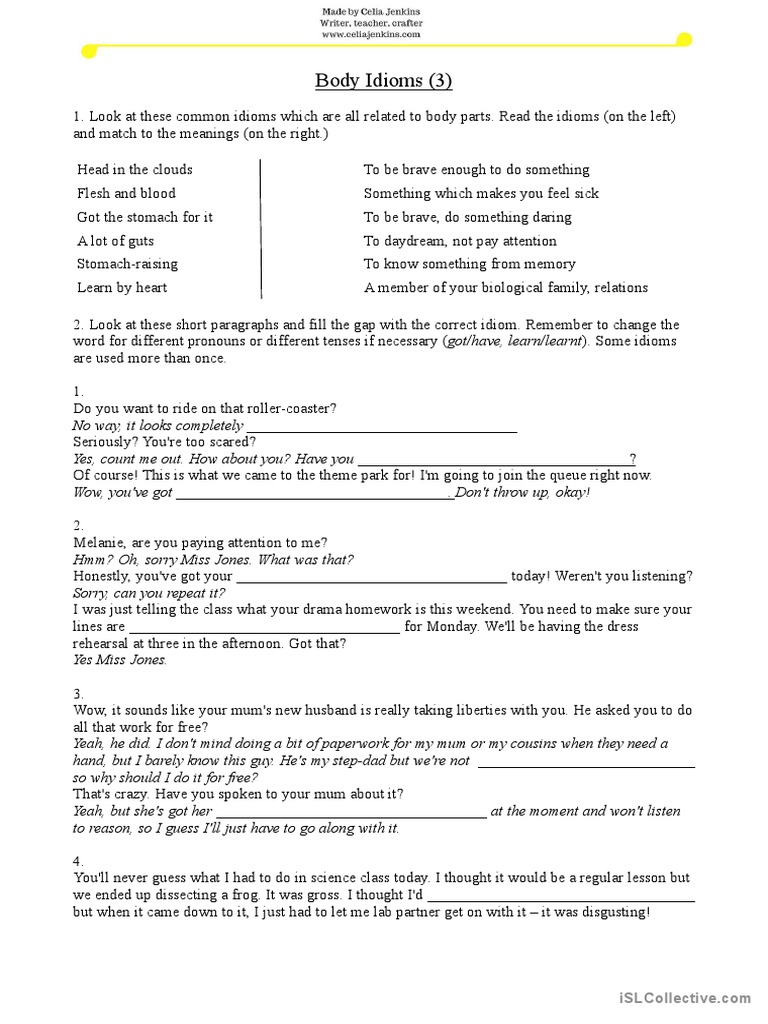 Body Idioms Practice 3 | PDF