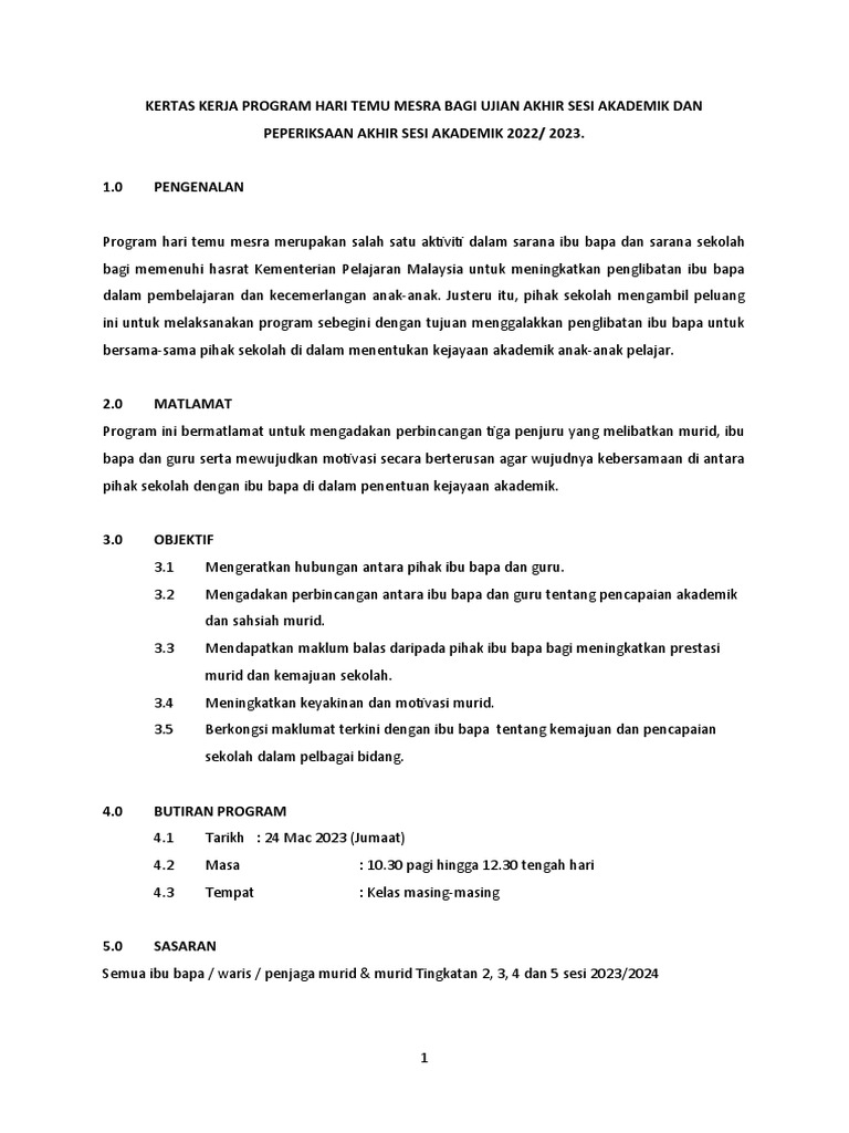Kertas - Kerja - Program - Hari - Temu Mesra Ujian Akhir 2022 | PDF