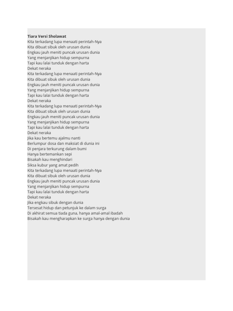 Lirik Lagu Tiara Versi Shalawat | PDF | Puisi