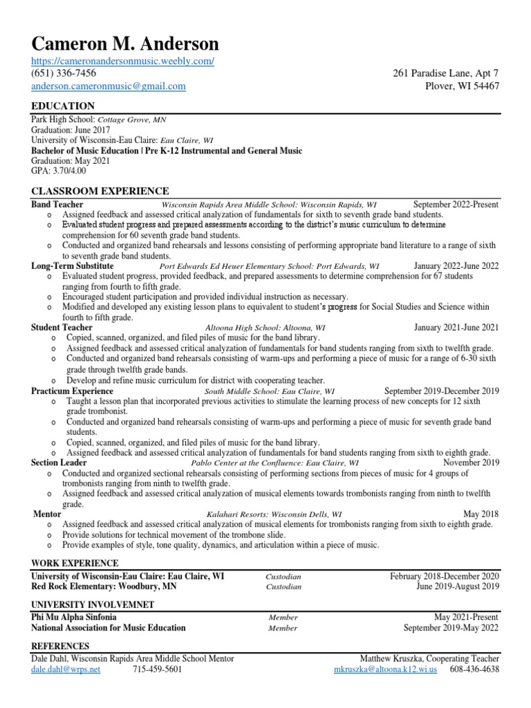Cameron Anderson Resume | PDF | Trombone | Middle Schools
