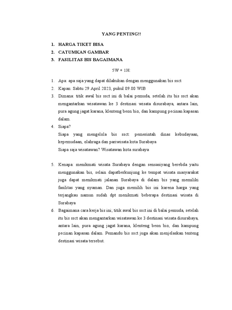 Rute Wisata Bis SSCT Surabaya 2023 | PDF